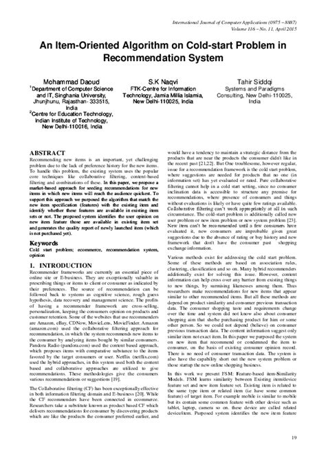 Pdf An Item Oriented Algorithm On Cold Start Problem In