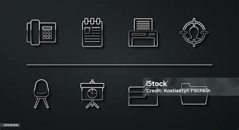 라인 전화 사무실 의자 헤드 헌팅 개념 문서 폴더 다이어그램이있는 칠판 나선형 노트북 및 프린터 아이콘을 설정합니다 벡터 가구에 대한 스톡 벡터 아트 및 기타 이미지