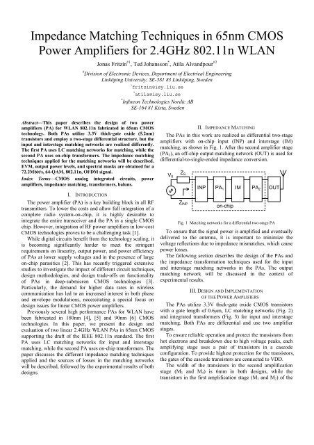 Impedance Matching Techniques In 65nm Cmos Jonas Fritzin