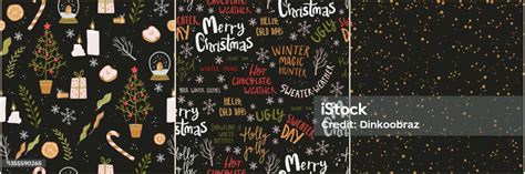 눈 나무 선물 크리스마스 레터링 및 따옴표 및 기타 겨울 축하 기호와 겨울 휴일 원활한 패턴 컬렉션 크리스마스와 새해 장식 12월에 대한 스톡 벡터 아트 및 기타 이미지