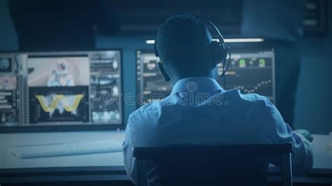 Employee Monitors Space Mission Claps Hands After Space Rocket Launch