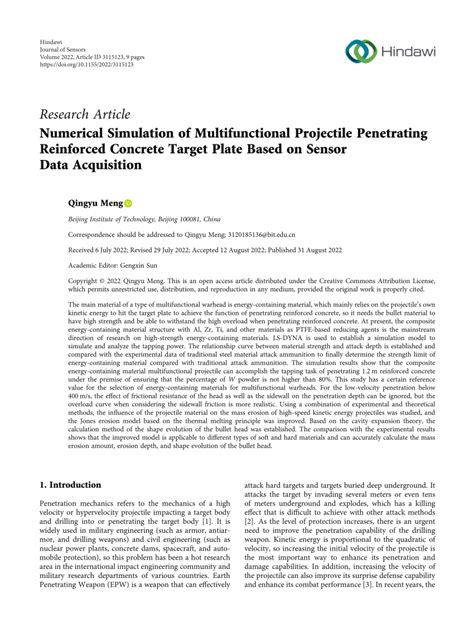 Pdf Numerical Simulation Of Multifunctional Projectile Penetrating Reinforced Concrete Target