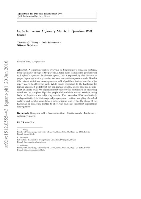pdf laplacian versus adjacency matrix in quantum walk search