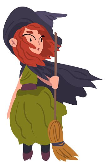 빨간 머리 소녀 마녀 녹색 드레스와 모자를 입고 빗자루와 서 귀여운 할로윈 만화 캐릭터 벡터 일러스트 10월에 대한 스톡 벡터 아트 및 기타 이미지 Istock