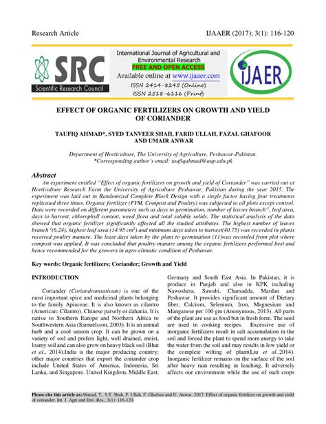 Pdf Effect Of Organic Fertilizers On Growth And Yield Of Coriander