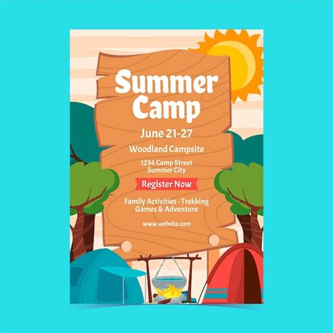 여름 시즌 플랫 여름 캠프 포스터 템플릿 무료 벡터