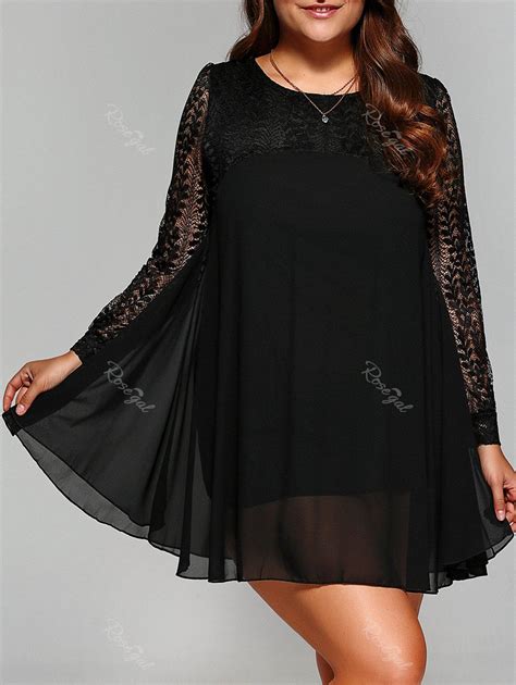Black Plus Size Lace Splicing Chiffon Dress