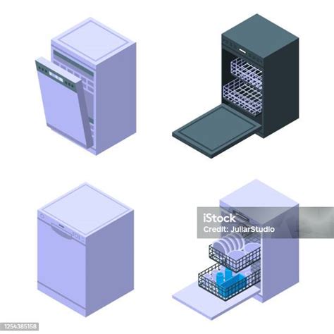 식기 세척기 아이콘 세트 등대 스타일 식기세척기에 대한 스톡 벡터 아트 및 기타 이미지 식기세척기 등측투영법 3차원 형태 Istock