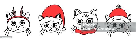 빨간 모자를 쓴 귀여운 고양이와 낙서 스타일의 스카프가 있는 크리스마스 세트 개체 그룹에 대한 스톡 벡터 아트 및 기타 이미지 개체 그룹 겨울 계절 Istock