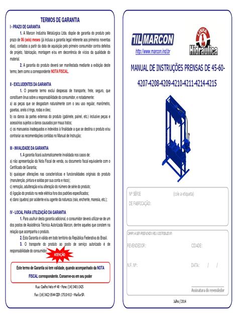 Manual Prensa Hidraulica 100 Toneladas Com Prensa Auxiliar 15t Marcon Pdf