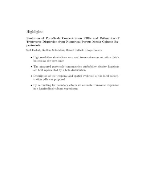 Pdf Evolution Of Pore Scale Concentration Pdfs And Estimation Of Transverse Dispersion From