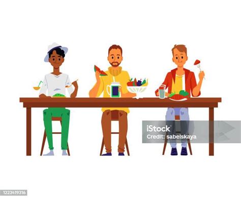 테이블에서 함께 먹는 다양한 만화 남자 평면 벡터 일러스트 레이션 고립 개념에 대한 스톡 벡터 아트 및 기타 이미지 개념 건강한 생활방식 건강한 식생활 Istock