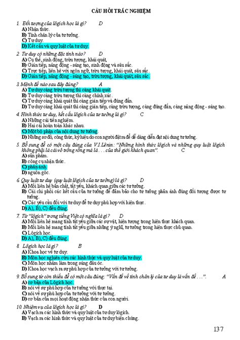 D thi trc nghim logic hc di cng CÂU HỎI TRẮC NGHIỆM Đối tượng của lôgích học là gì D A Nhận