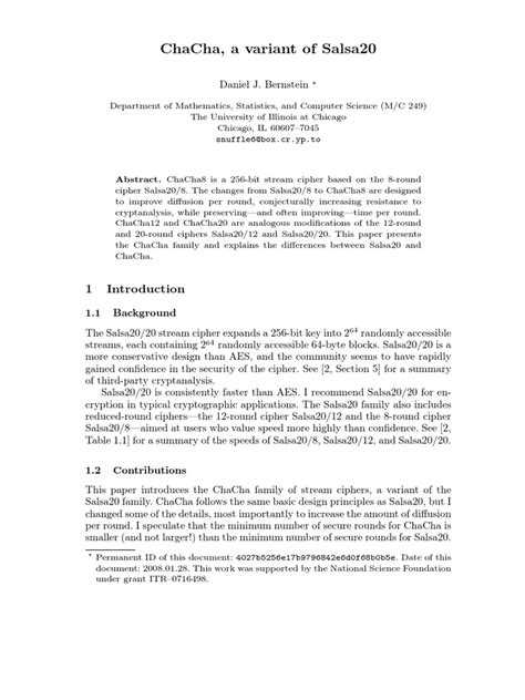 Chacha A Variant Of The Salsa20 Stream Cipher That Improves Diffusion Per Round Pdf Chacha A Variant Of The Salsa20 Stream Cipher That Improves Diffusion Per Round Pdf