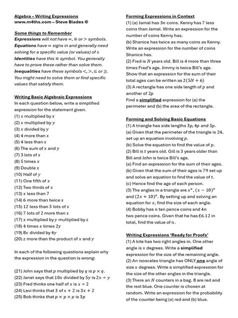 Forming Algebraic Expressions Pdf