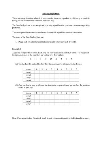 resources to teach and practise first fit algorithm decision maths d1