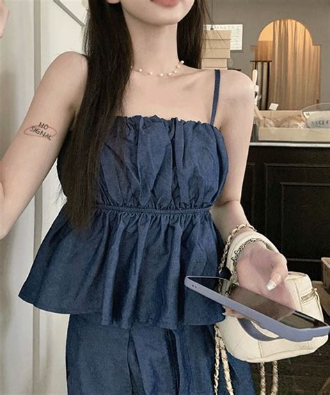 일루아 💙여름투피스💙 토트 데님 셔링 나시 탑 롱 팬츠 투피스 코디set