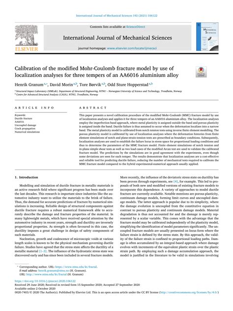 Pdf Calibration Of The Modified Mohr Coulomb Fracture Model By Use Of Localization Analyses