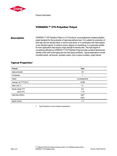 109 01274 01 Voranol 370 Polyether Polyol Tds Pdf Polyurethane