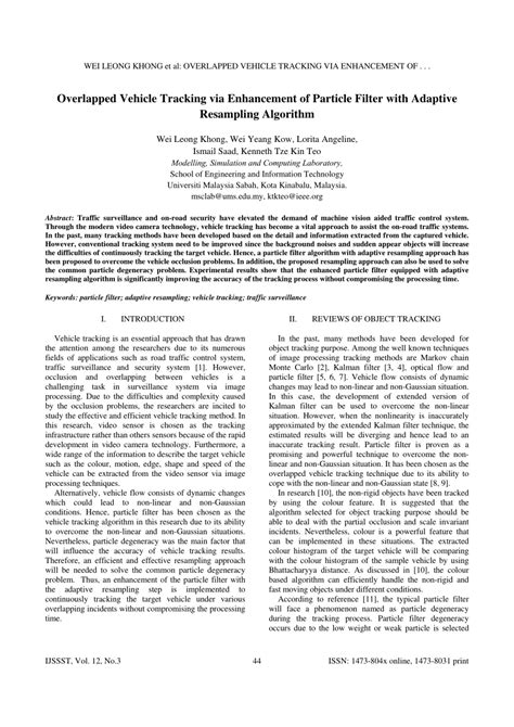 Pdf Overlapped Vehicle Tracking Via Enhancement Of Particle Filter With Adaptive Resampling