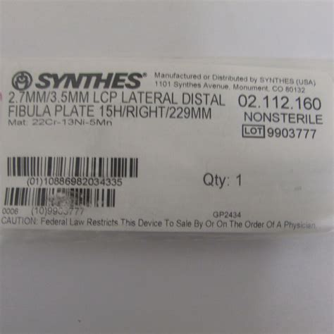 New Synthes 02112160 27mm35mm Lcp Lateral Distal Fibula Plate 15h
