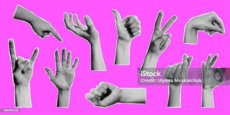 복고풍 하프톤 손의 벡터 세트입니다 하프톤 콜라주 요소 찢어진 종이 트렌디한 빈티지 손 제스처 표지판 컬렉션 인간의 손바닥과