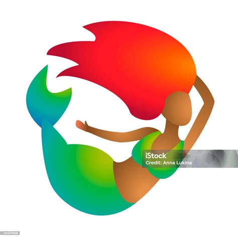 빨간 머리와 녹색 그라데이션 꼬리와 갈색 피부와 아프리카 검은 인어 또는 사이렌 빨간 머리 젊은 해양 소녀 물고기입니다 흰색 배경의 벡터 그림 0명에 대한 스톡 벡터 아트