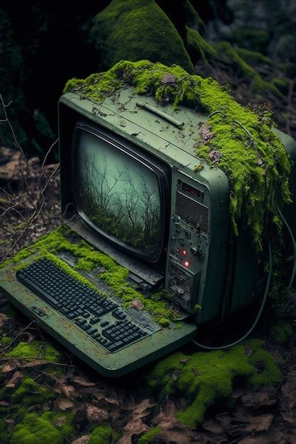Premium Photo An Old Computer With Moss On The Top And A Monitor On The Top