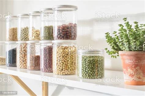 밝은 실내 주방 선반에는 깔끔하게 배열된 유리 항아리에 다양한 콩과 통곡물이 가득합니다 씨앗에 대한 스톡 사진 및 기타 이미지 씨앗 저장고 제작물 항아리 Istock