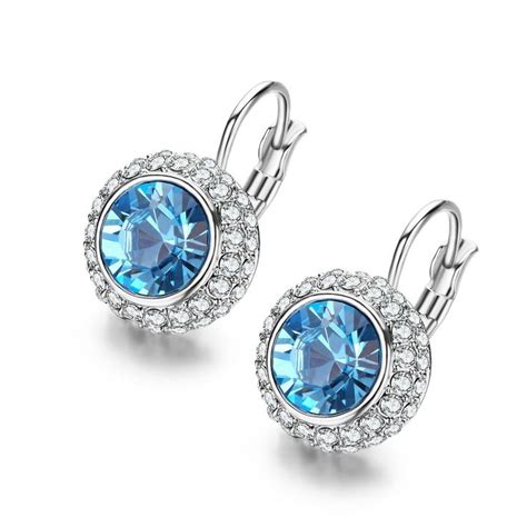 Platinum Plated Leverback Drop Earrings Made With Blue Swarovski