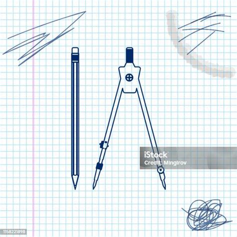 흰색 배경에 격리 된 지우개 선 스케치 아이콘이있는 나침반과 연필그리기 교육 표지판 그리기 및 교육 도구 기하학적 장비 학교 사무실 기호입니다 벡터 일러스트레이션 건설