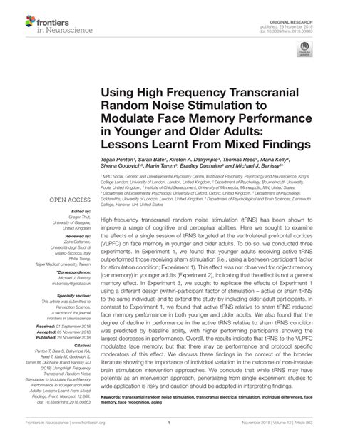 Pdf Using High Frequency Transcranial Random Noise Stimulation To Modulate Face Memory