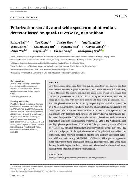 Pdf Polarization‐sensitive And Wide‐spectrum Photovoltaic Detector Based On Quasi‐1d Zrgete 4