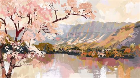 A Vibrant Mural Showcasing A Serene Hawaiian Landscape With Soft Pastel