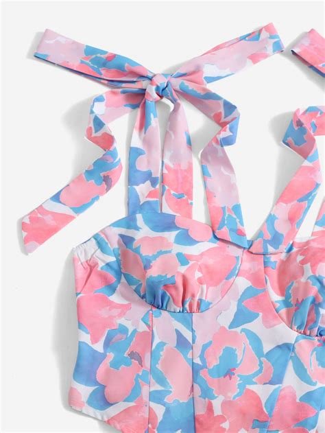 Shein Mod Top De Flores De Primavera Con Diseño Floral Con Nudo En Los