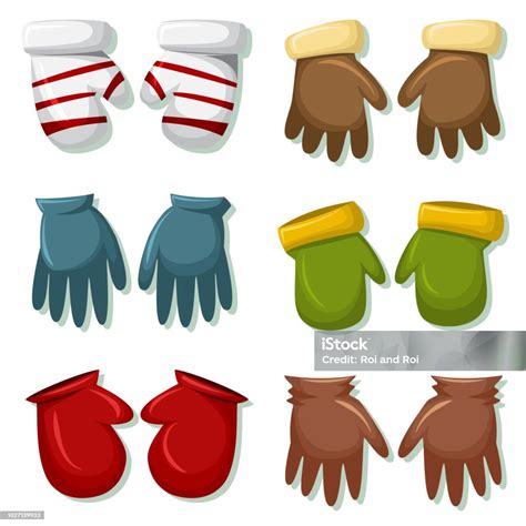 겨울 장갑과 장갑 남자와 여자에 대 한 설정 벡터 만화 아이콘 흰색 배경에 고립입니다 추운 날씨에 대 한 의류입니다 장갑에 대한