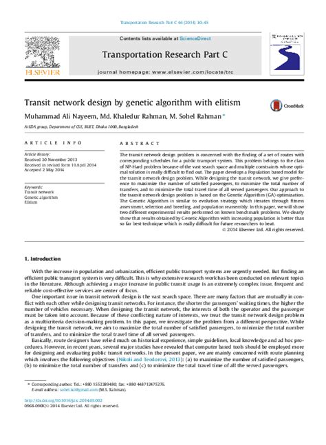 Pdf Transit Network Design By Genetic Algorithm With Elitism