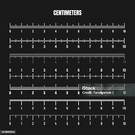 길이 또는 높이를 측정하기위한 사실적인 흰색 센티미터 스케일 분할이 있는 다양한 측정 스케일 눈금자 테이프 측정 표시 크기
