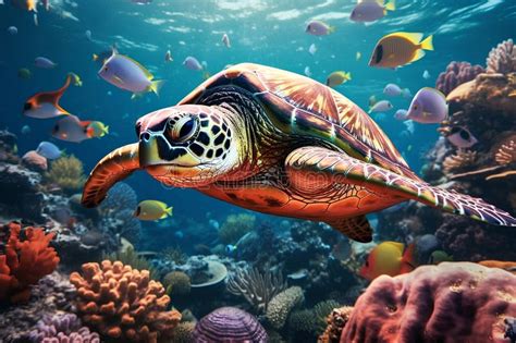 Sea Turtle Portrait Photo In Sea Tropical Seashore Diving Banner