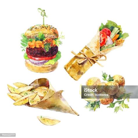 비 건 버거 사와 르 마 팔라펠 백업 감자 수채화 흰색 배경에 고립 채식 거리 음식입니다 손으로 그린 현실적인 수채화 그림입니다 수채화에 대한 스톡 벡터 아트 및 기타