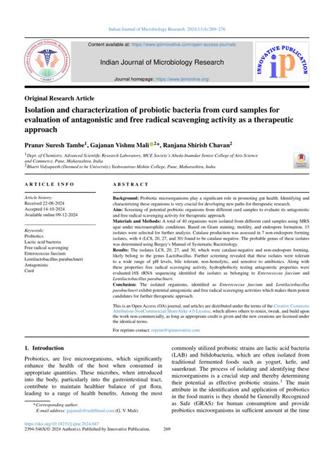Pdf Isolation And Characterization Of Probiotic Bacteria From Curd