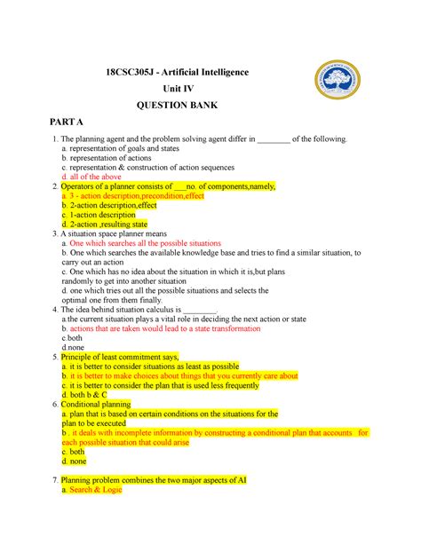 Ai Unit4 Qb Vdp There Are Important Questions In It 18csc305j Artificial Intelligence Unit