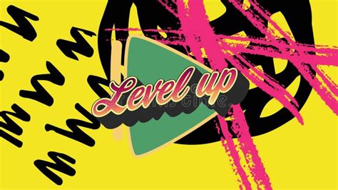 animation of level up text over colorful graphics and shapes stock