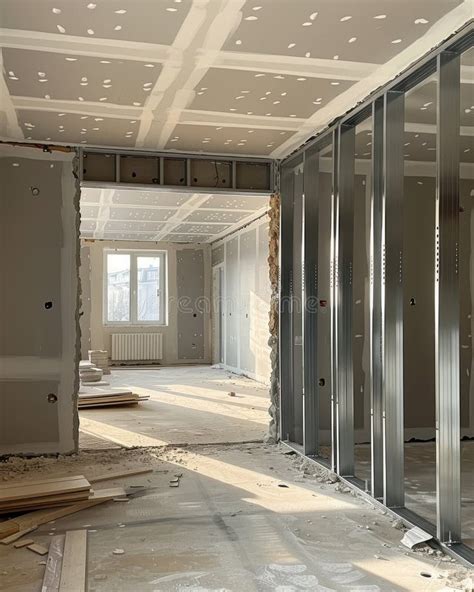 Installing Metal Frames And Drywall For Gypsum Walls Construction And Renovation Process Stock