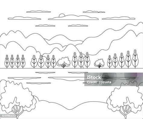 풍경 만화 벡터 그림입니다 자연 산 언덕 나무 하늘 구름 태양이 있는 그래픽 디자인 파노라마 시골 스타일의 추상적인 배경 가는 선 개념은 소셜 미디어 이야기 포스트를 위한