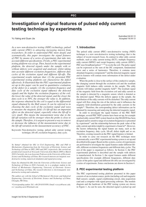 Pdf Investigation Of Signal Features Of Pulsed Eddy Current Testing Technique By Experiments