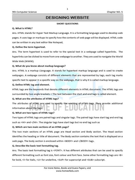 9th Class Computer Chapter No 5 Pdf Html Element Html