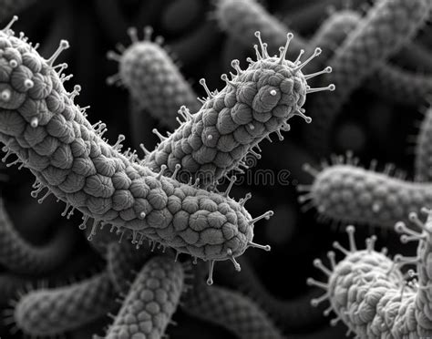 Bacteria Under Electron Microscope Ultra Detailed Black And White Micrograph Showing Intricate