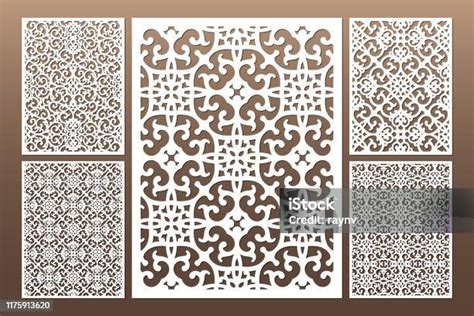 레이저 컷 캐비닛 프렛 워크 아랍어 스타일의 패널을 천공 장식 패널 템플릿 은 외부 절단 설정 속도 34 금속 종이 또는 나무 조각 야외 화면 Diy에 대한 스톡 벡터 아트