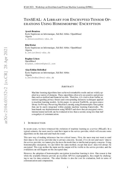 Pdf Tenseal A Library For Encrypted Tensor Operations Using